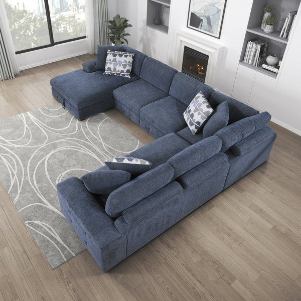 Odesser 4 Piece Chenille Sectional Sofa Sleeper with Chaise Latitude Run Body Fabric Blue Chenille Orientation Left Hand Facing